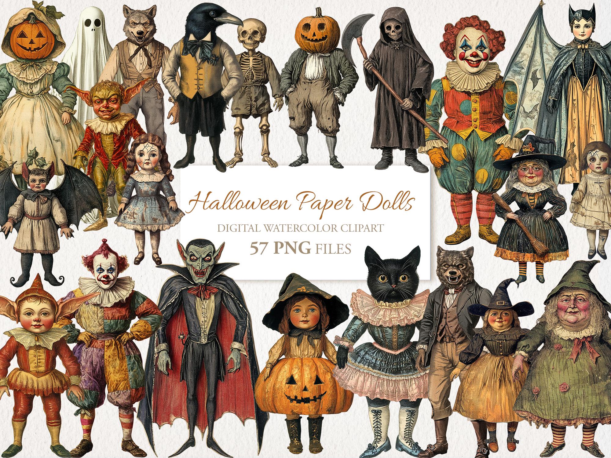 Halloween Creepy Paper Dolls Clipart. Vintage Illustrations. for Junk ...