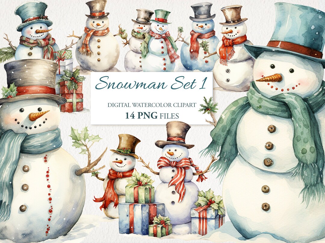 Snowman Set 1 Christmas Winter Watercolor Clipart PNG Bundle. AI ...