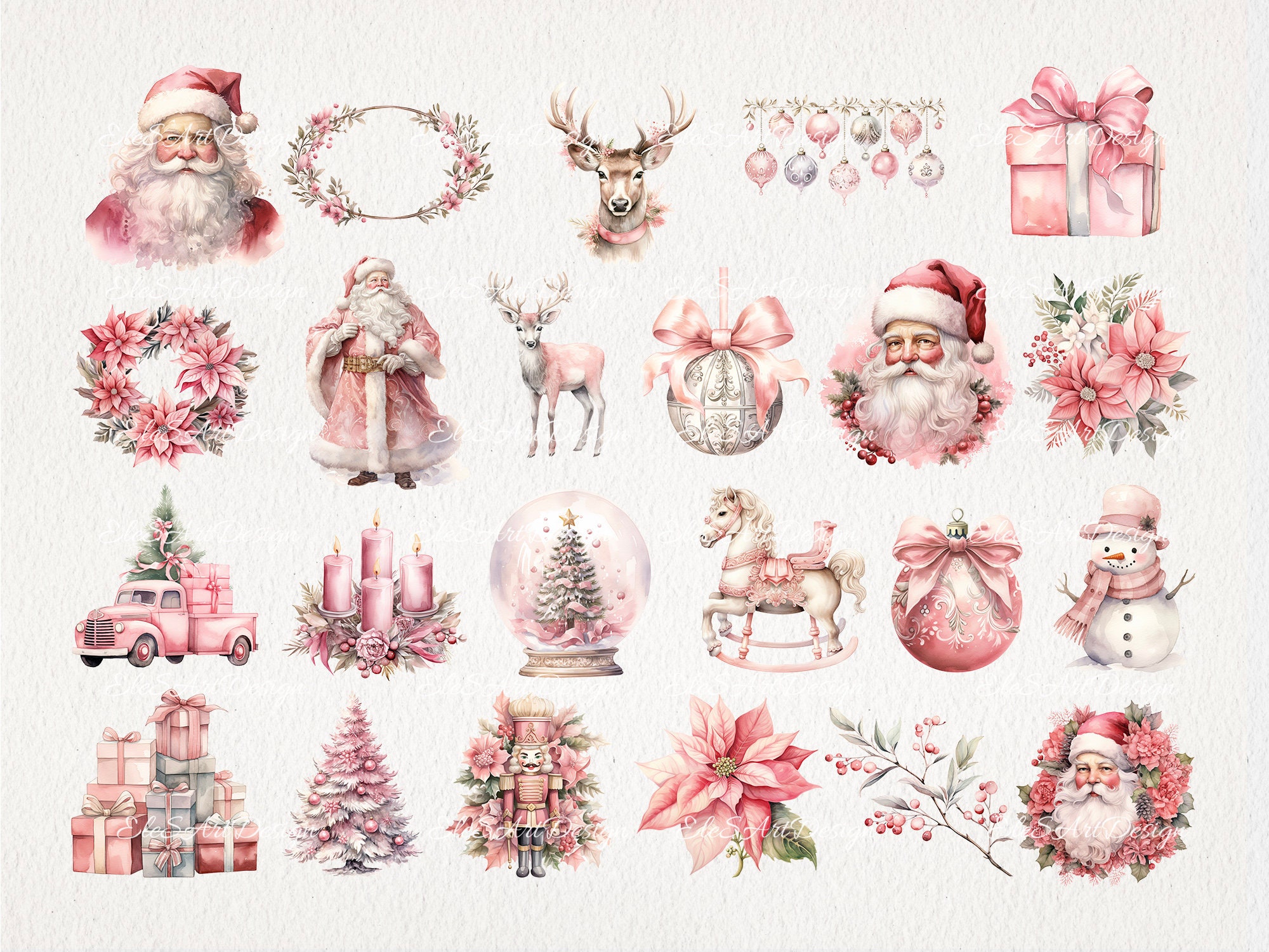 Pink Christmas Winter Watercolor Clipart PNG Bundle AI Illustration ...