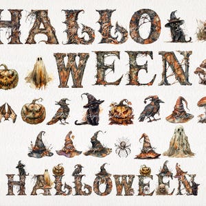 Halloween Word Watercolor Clipart PNG Bundle. Font, Separate Letters ...