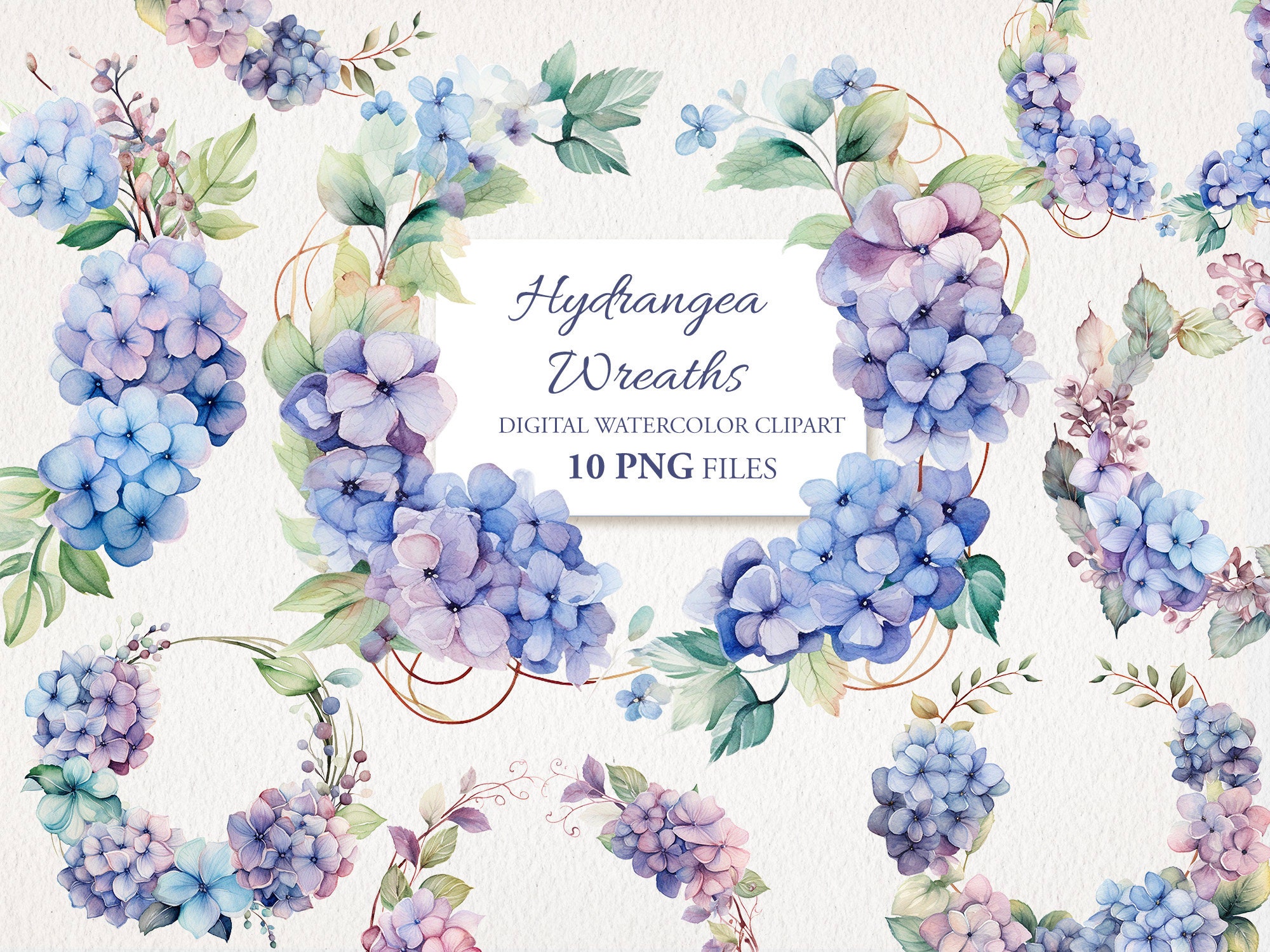 Hydrangea Wreaths Watercolor Clipart PNG Bundle. Vintage Pastel ...