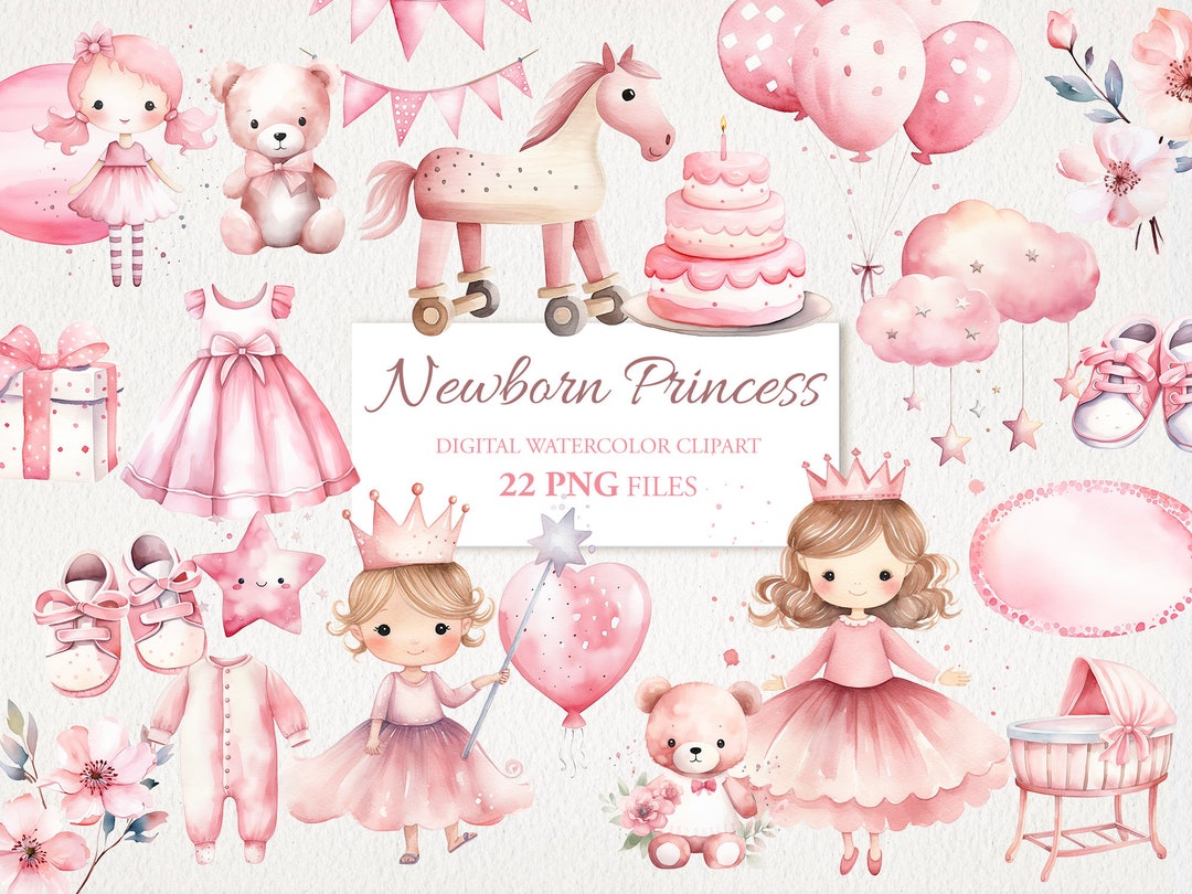 Pink Princess Newborn Birthday Watercolor Clipart PNG Bundle. Baby ...
