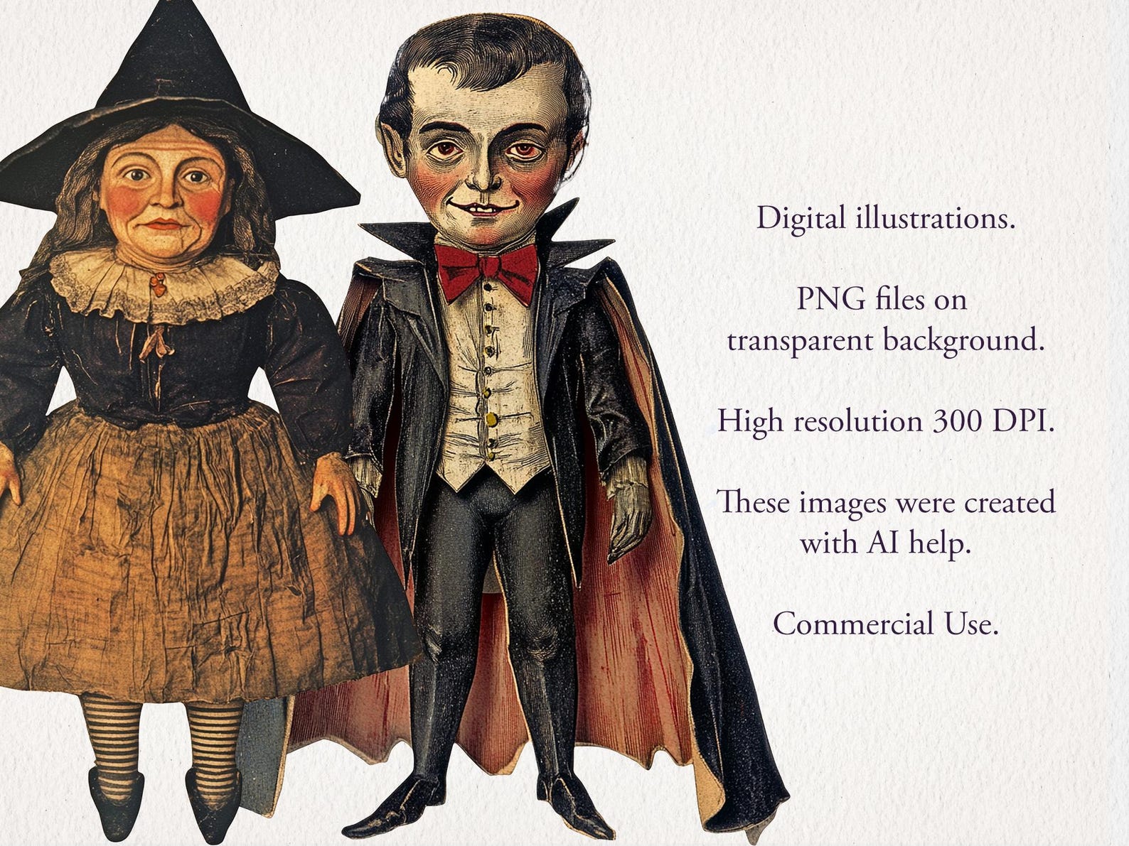 Halloween Creepy Paper Dolls Clipart. Vintage Illustrations. for Junk ...