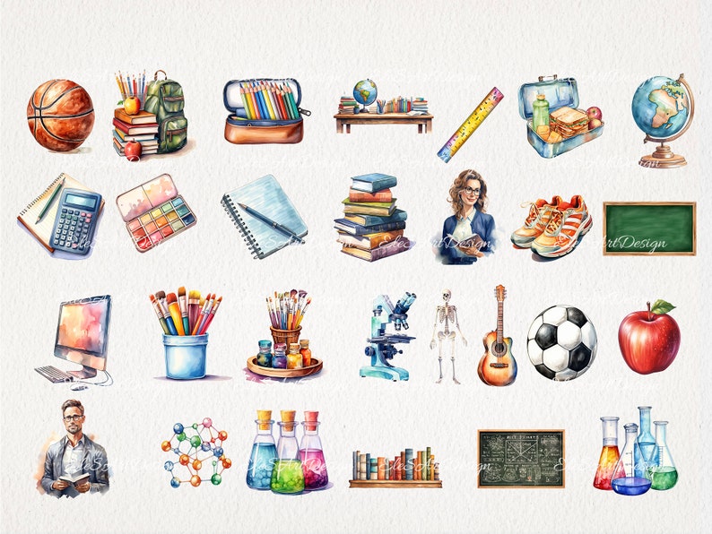 School Objects Watercolor Clipart PNG Bundle. Back to School AI ...