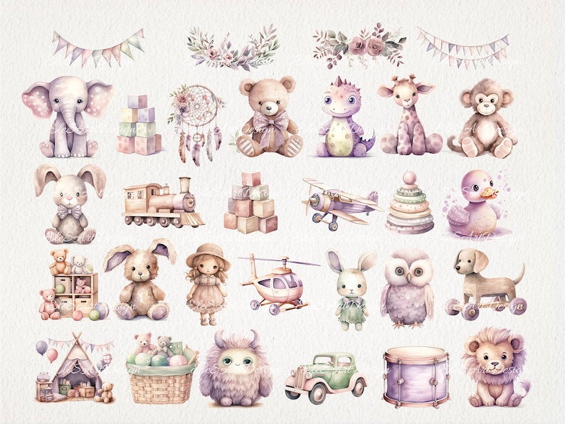 Nursery Toys Newborn Room Watercolor Clipart PNG Bundle. Baby Children ...