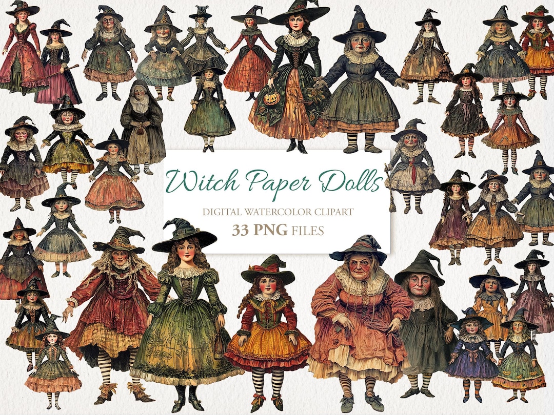 Victorian Witch Paper Dolls Clipart, Vintage Illustrations, Witchy Junk ...