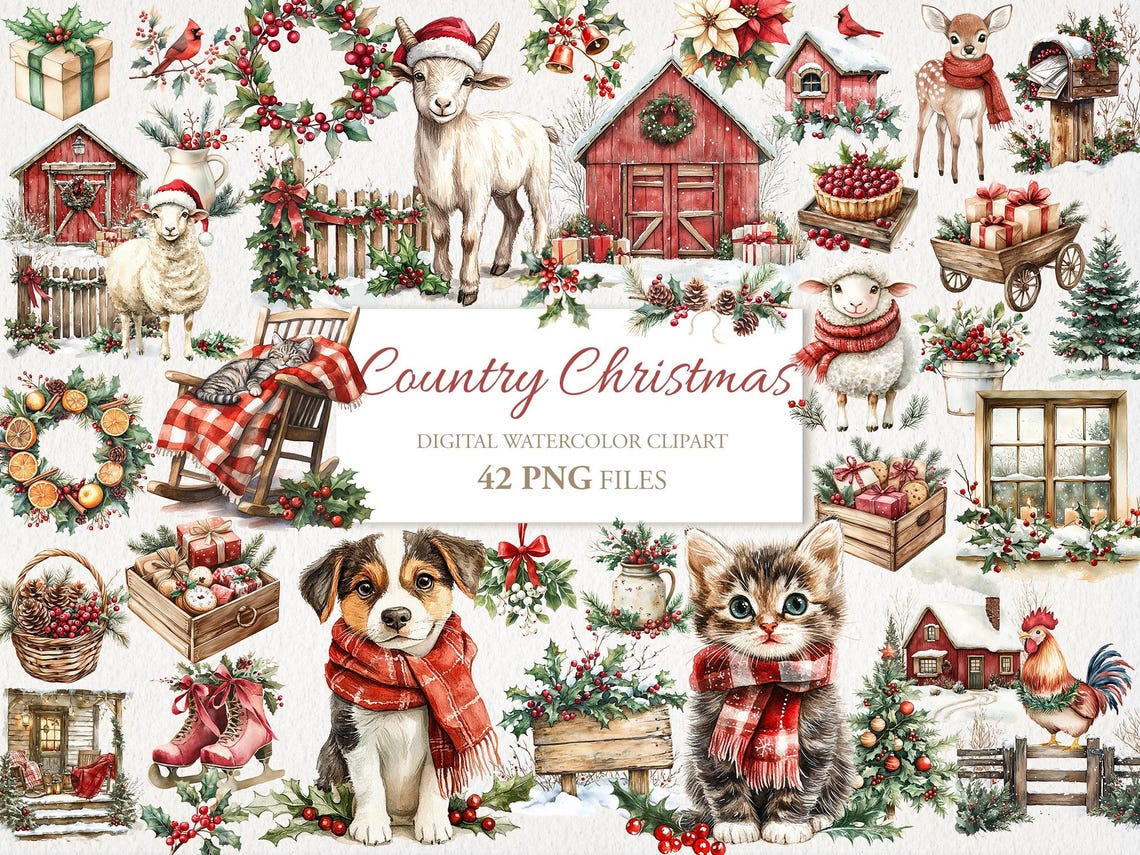 Country Christmas Winter Watercolor Clipart Bundle. AI Illustration ...