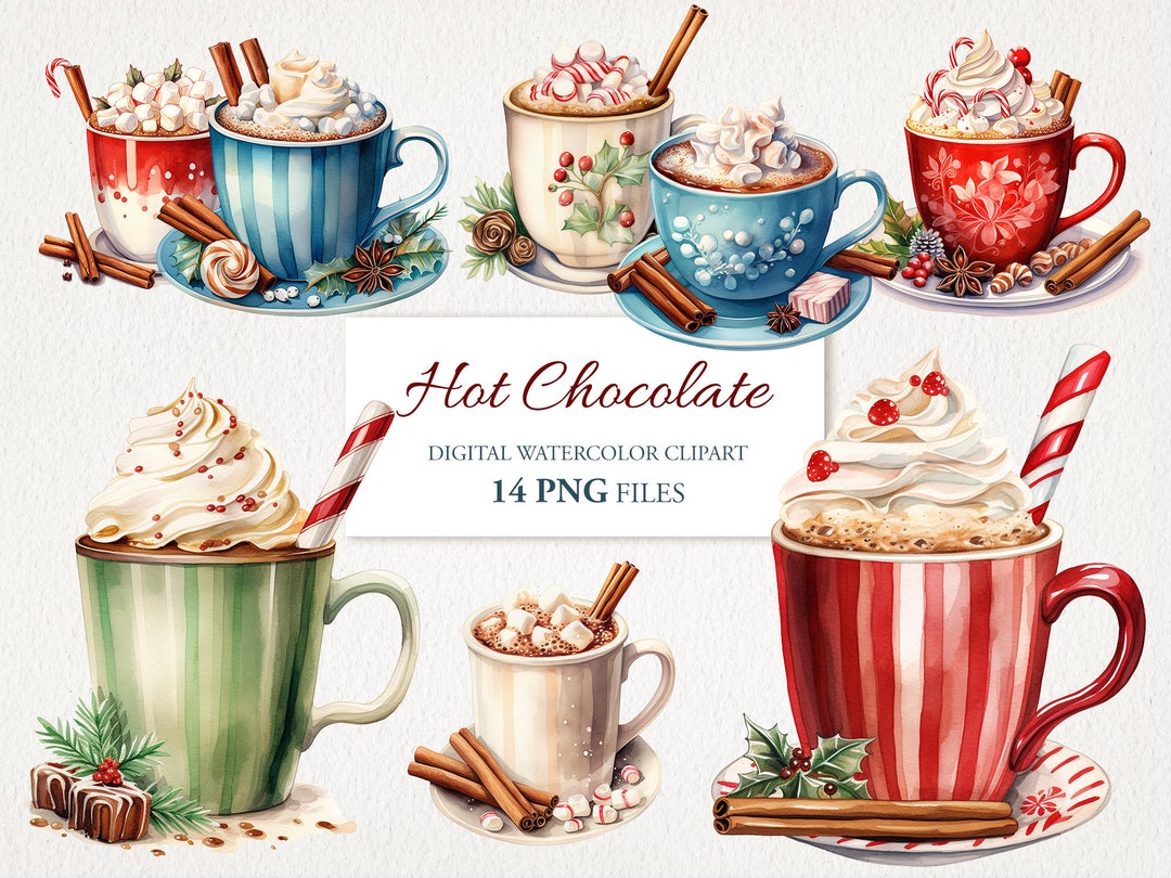 Hot Chocolate Christmas Winter Watercolor Clipart PNG Bundle. AI ...