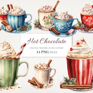 Hot Chocolate Christmas Winter Watercolor Clipart PNG Bundle. AI ...