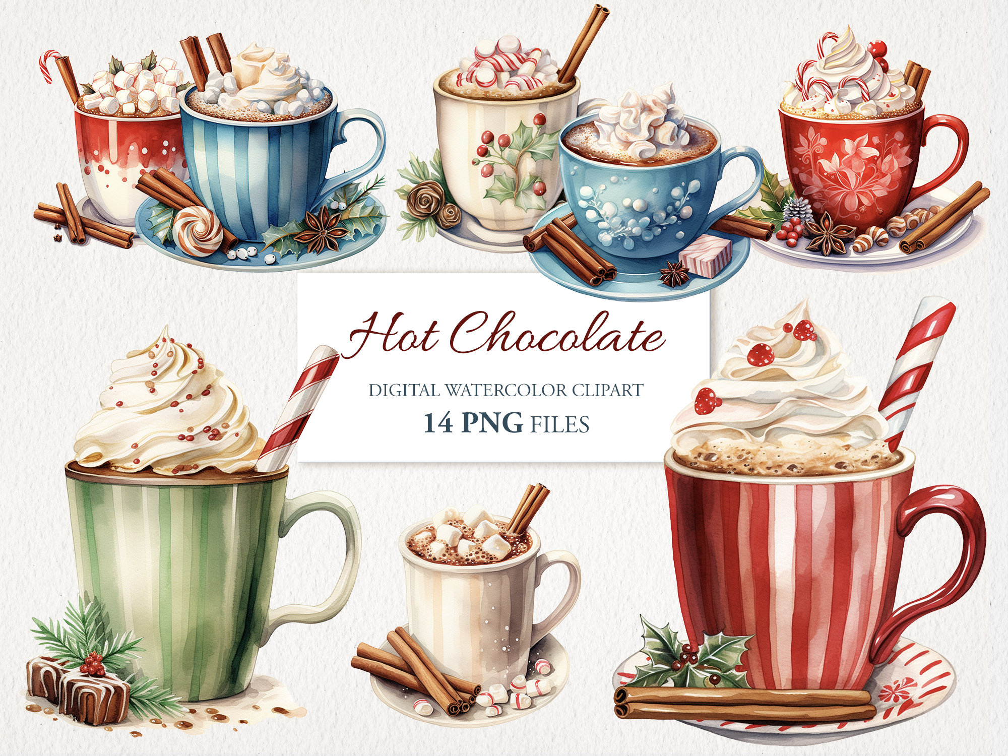 Hot Chocolate Christmas Winter Watercolor Clipart PNG Bundle. AI ...