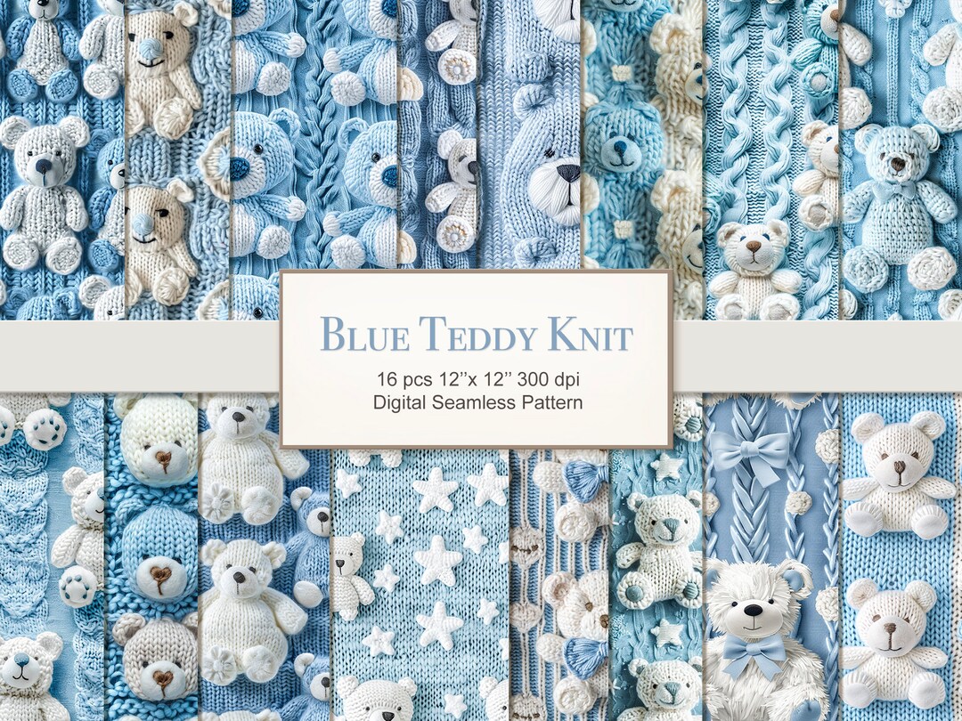 Blue Teddy Bear Seamless Repeat Pattern. 3d Knitted Texture Digital ...