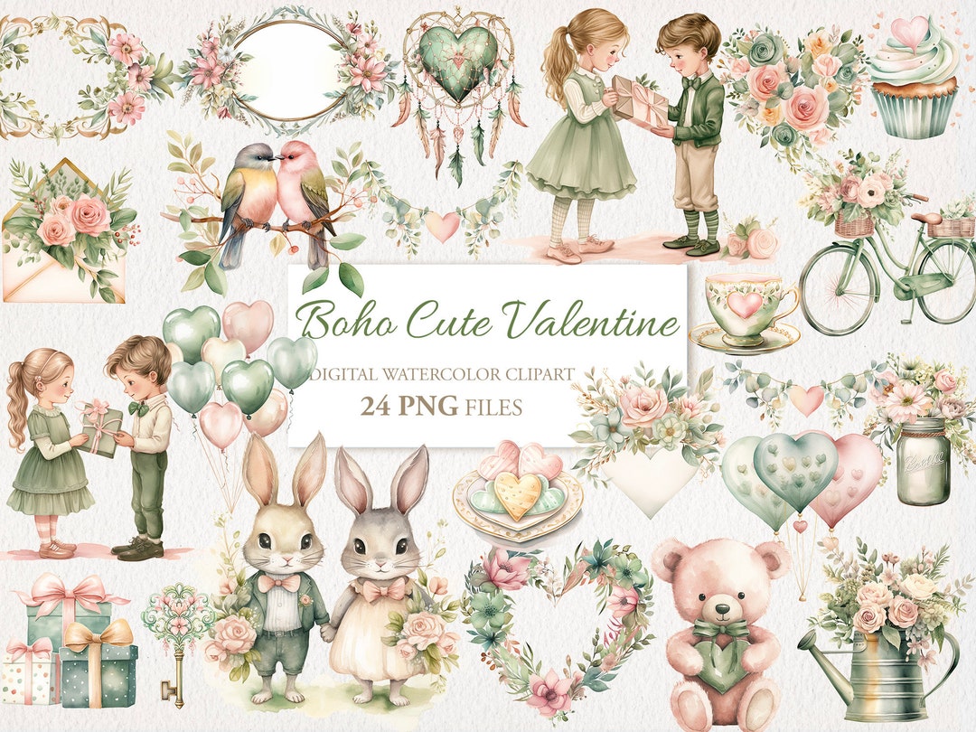 Boho Cute Valentine Watercolor Clipart PNG Bundle. Love Valentine's Day ...