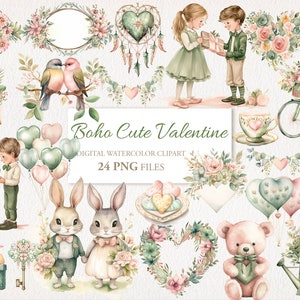 Boho Cute Valentine Watercolor Clipart PNG Bundle. Love Valentine's Day ...