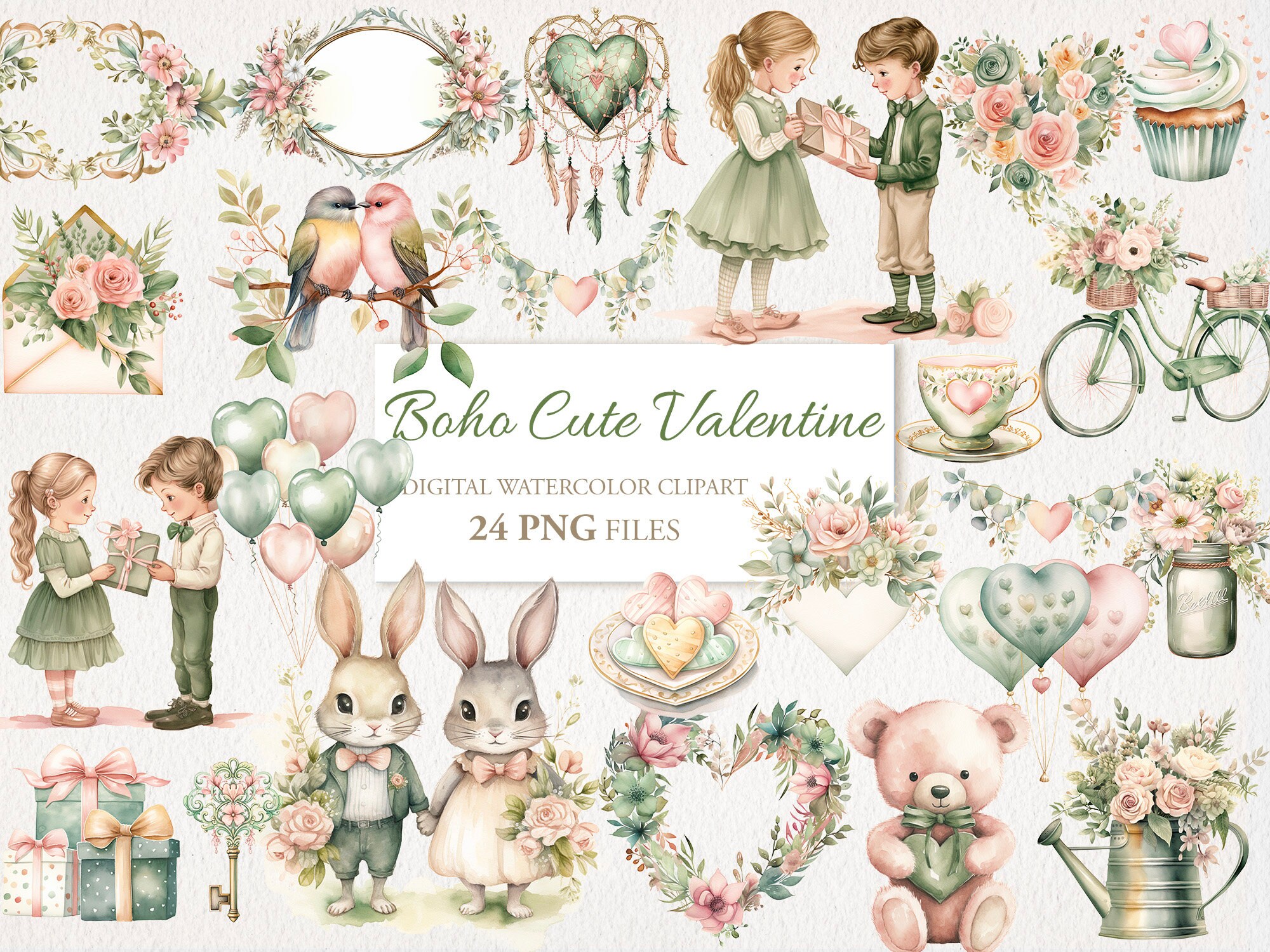 Boho Cute Valentine Watercolor Clipart PNG Bundle. Love Valentine's Day ...