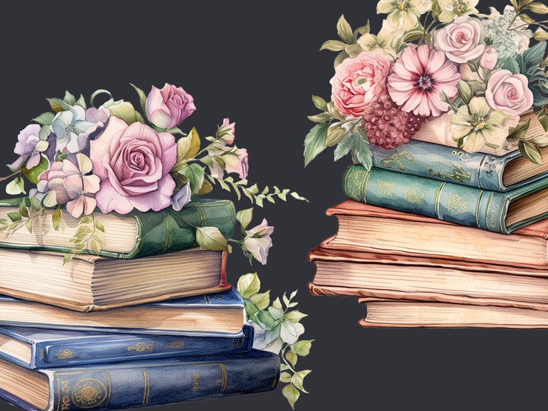 Vintage Book With Flowers Watercolor Clipart PNG Bundle. Floral Retro ...