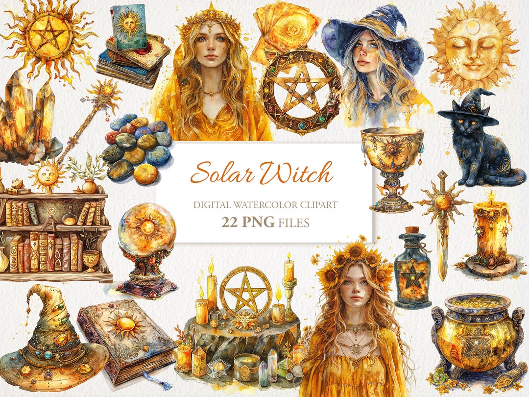 Solar Witch Sun Witchcraft Watercolor Wiccan Clipart PNG Bundle. AI ...