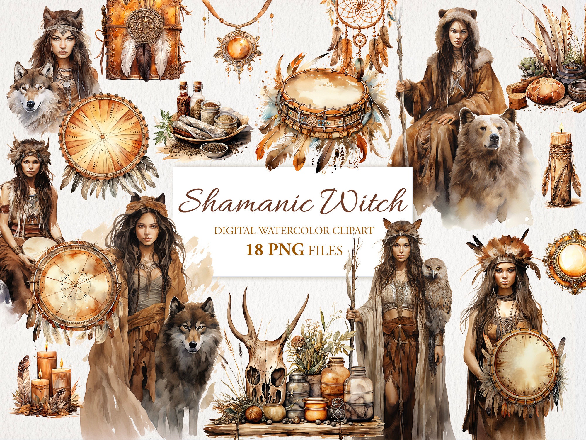 Shamanic Witch Shaman Witchcraft Watercolor Clipart PNG Bundle. AI ...