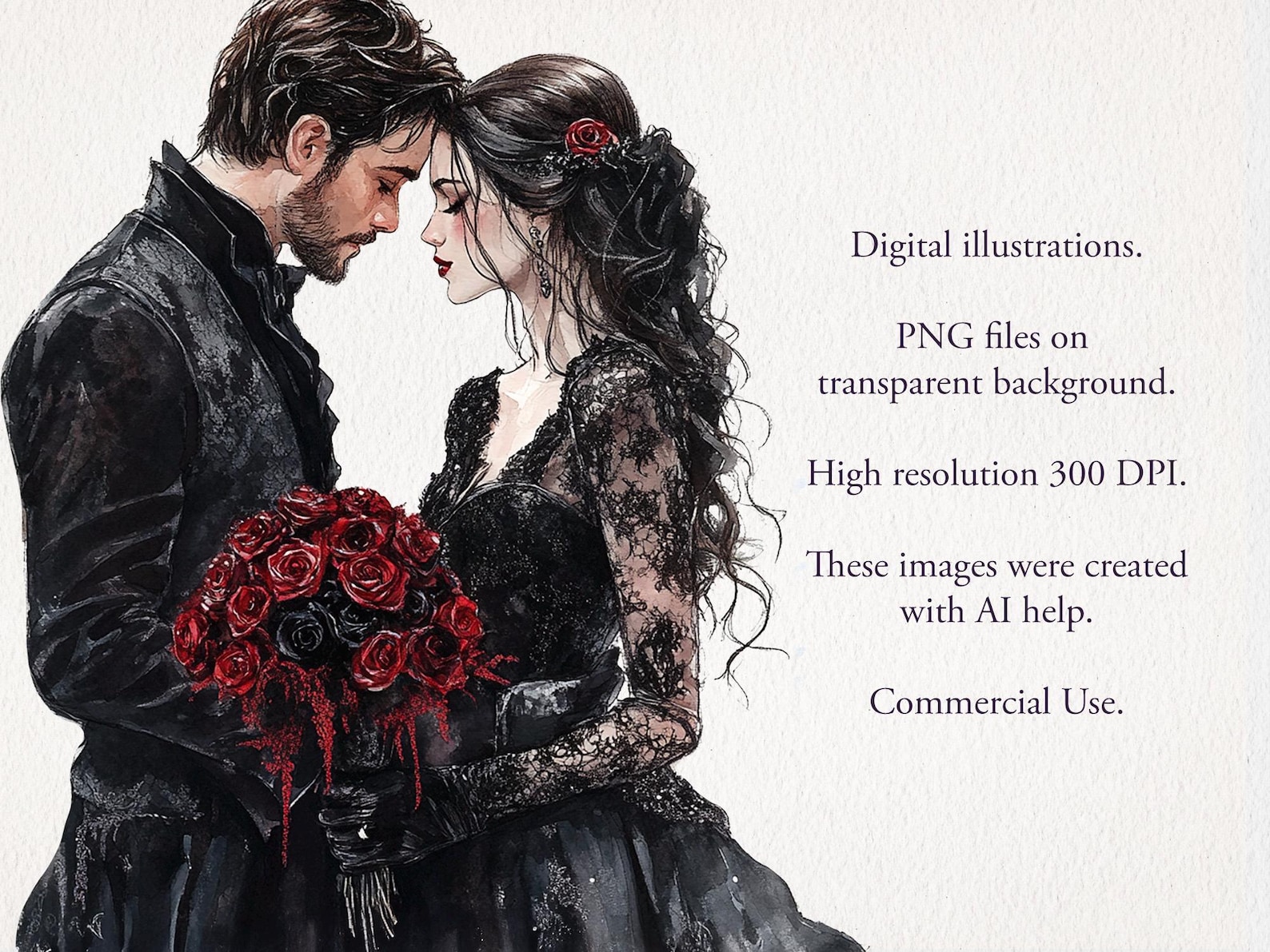 Black Dark Gothic Love Romance Valentine's Day Watercolor Clipart PNG ...
