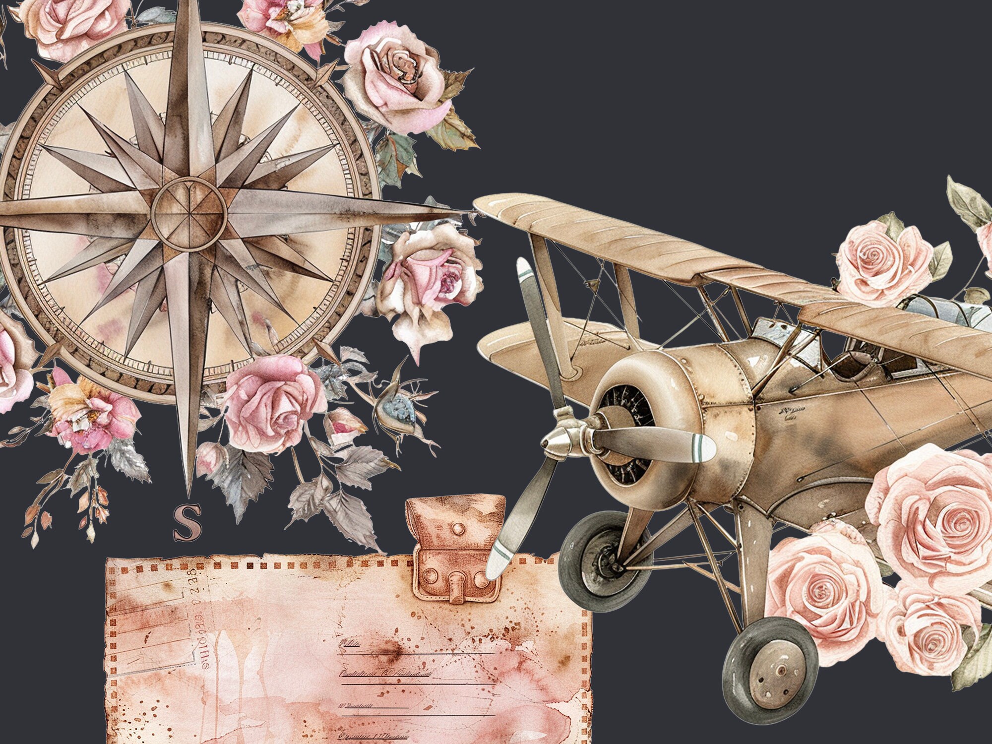 Pink Voyage Watercolor Clipart PNG Bundle. Floral Retro Journey Trip ...