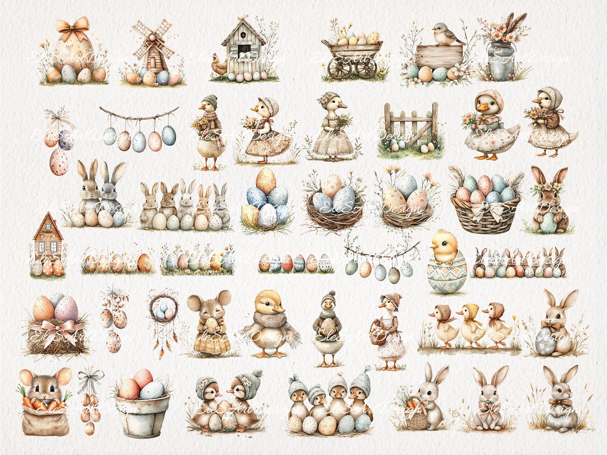 Boho Country Brown Easter Watercolor Clipart Bundle. Bunny Goose. AI ...
