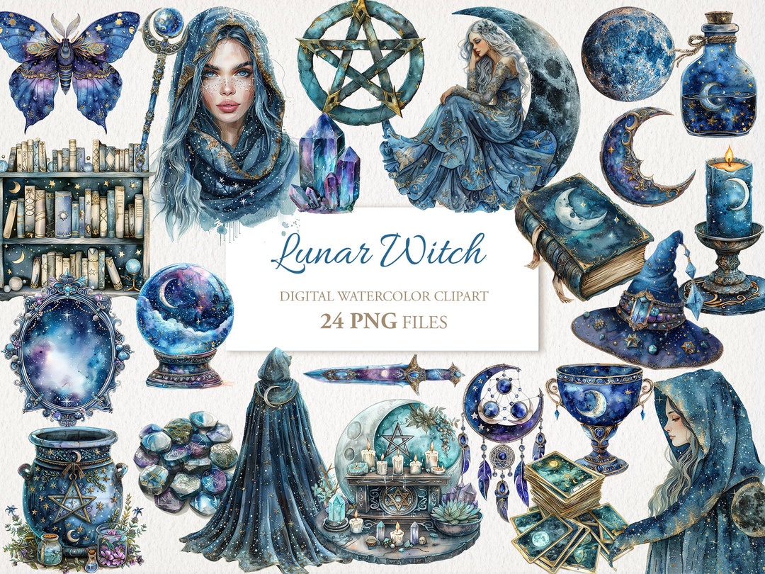 Lunar Witch Moon Witchcraft Watercolor Wiccan Clipart PNG Bundle. AI ...