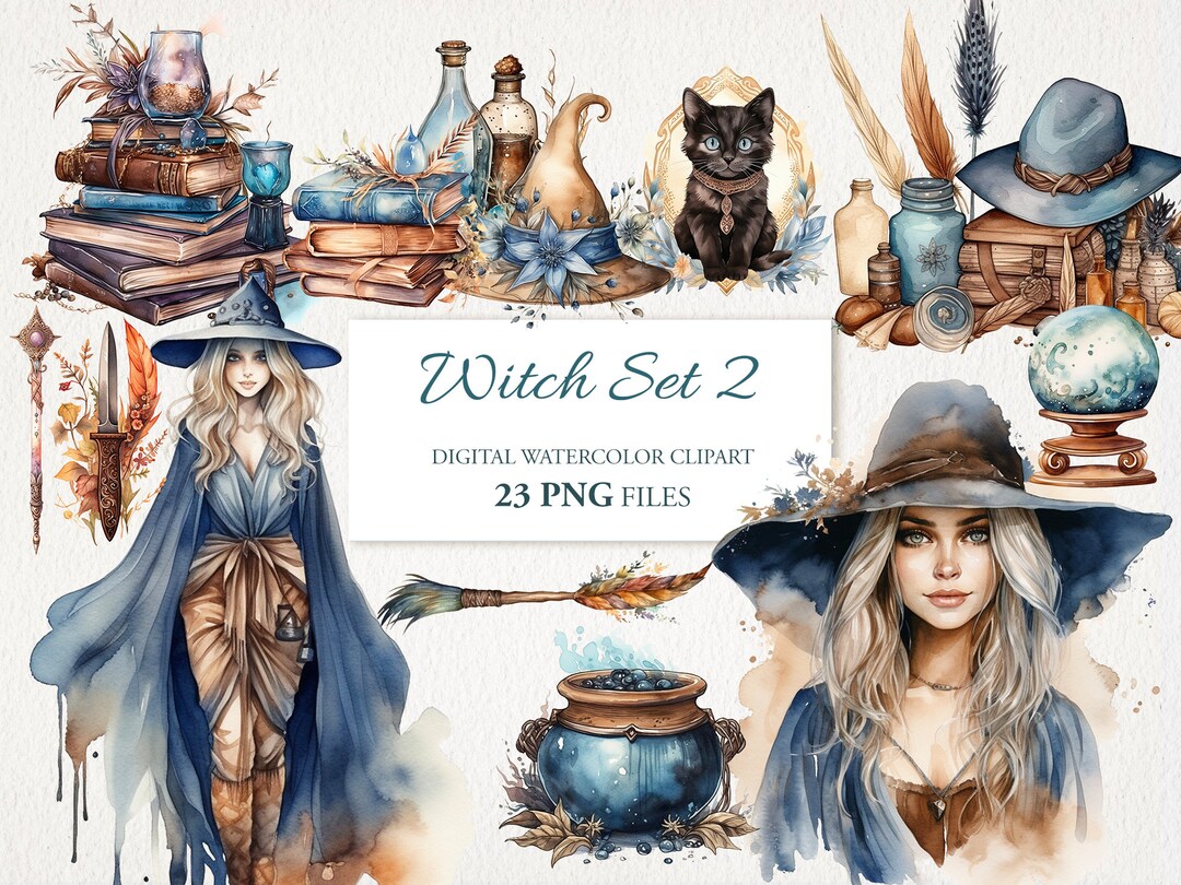 Wicca Witch Boho Style Witchcraft Watercolor Clipart PNG Bundle AI ...
