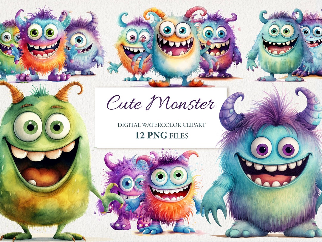 Cute Colorful Baby Monster Watercolor Clipart PNG Bundle. Children ...