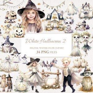 White Halloween Pumpkin Watercolor Clipart PNG Bundle. AI Illustration ...