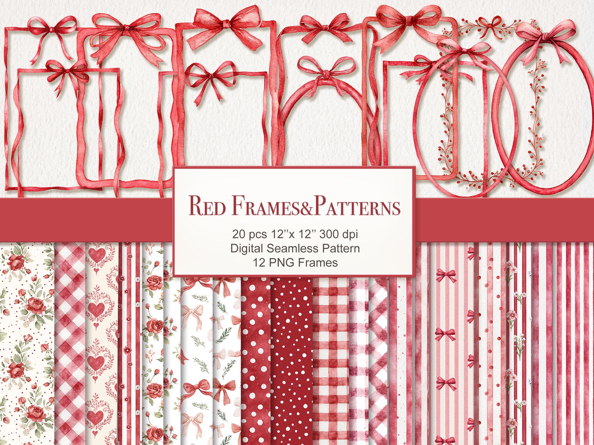 Watercolor Red Coquette Bow Frame and Seamless Pattern Papers ...