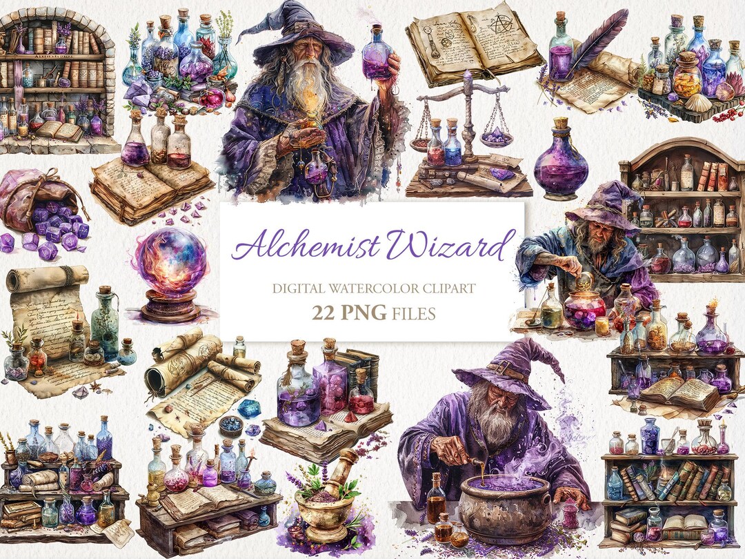 Alchemist Wizard Alchemy Watercolor Clipart PNG Bundle. AI Illustration ...