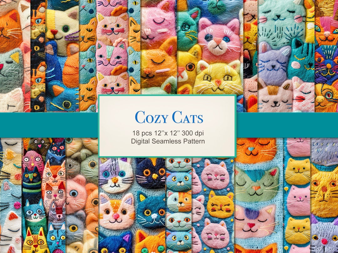 Cozy Cats Seamless Pattern. 3d Knitted Felted Colorful Texture Digital ...