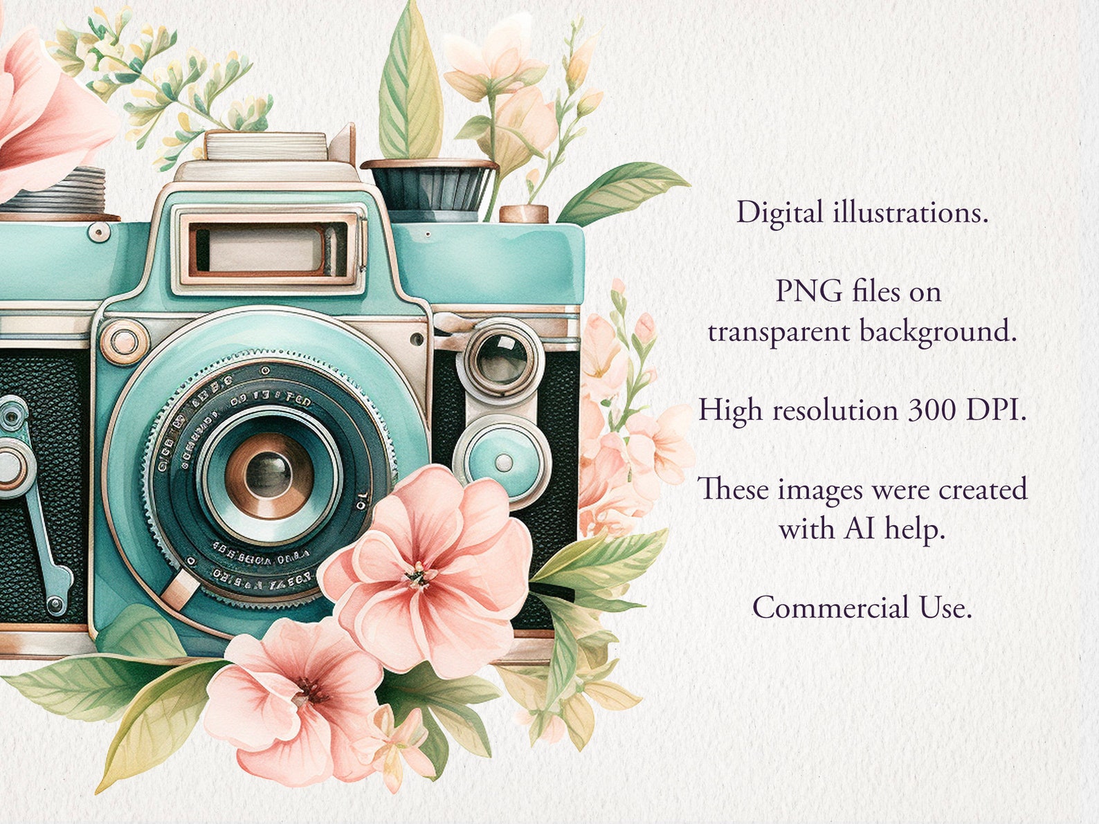 Vintage Camera Watercolor Clipart PNG Bundle. Floral Retro Cameras ...