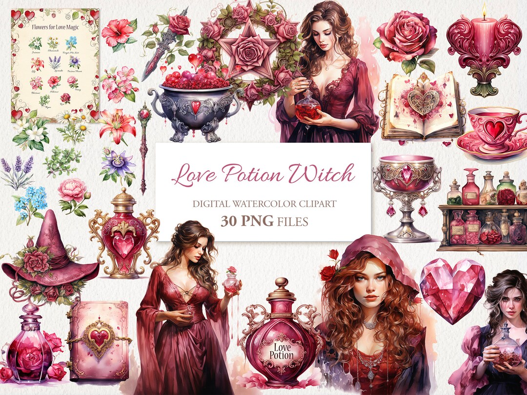 Love Potion Witch Magic Watercolor Clipart PNG Bundle. AI Illustration ...