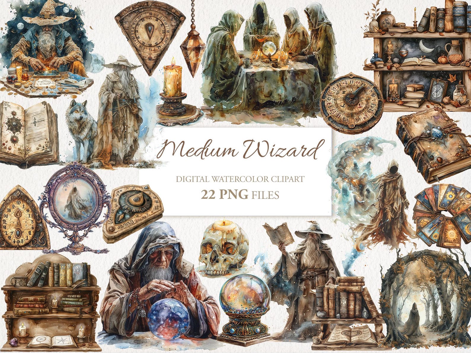 Spirit Medium Wizard Magic Watercolor Clipart PNG Bundle. AI ...