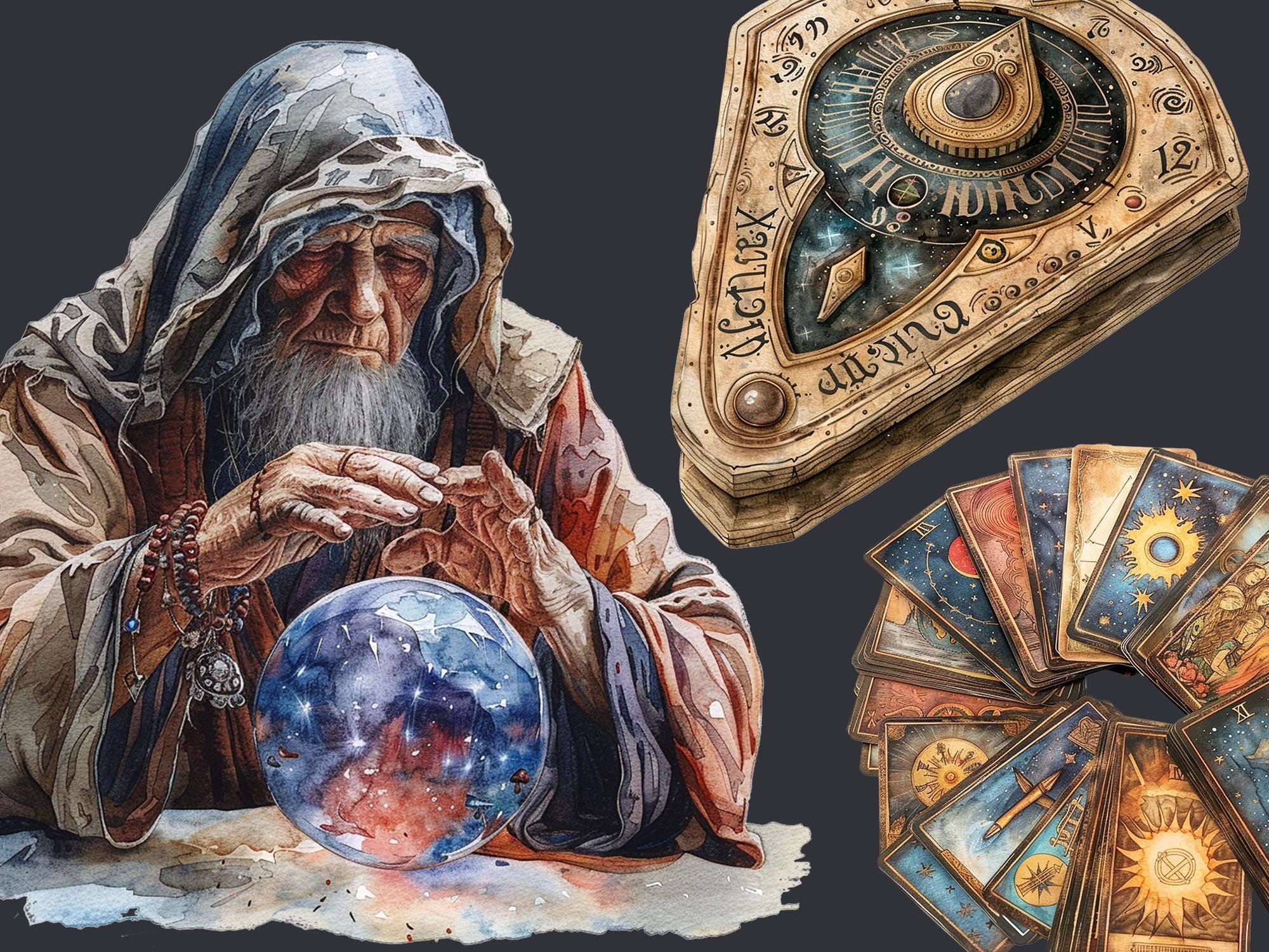 Spirit Medium Wizard Magic Watercolor Clipart PNG Bundle. AI ...