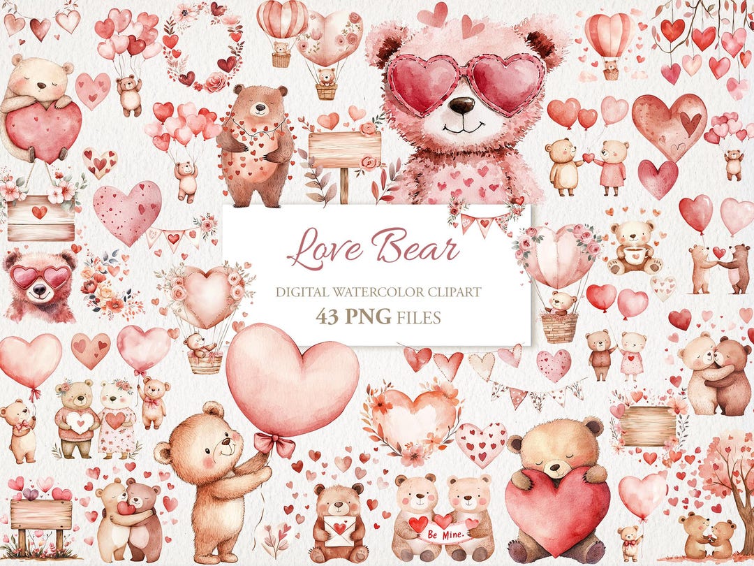 Bear Love Valentine Watercolor Clipart Bundle. Valentine's Day AI ...