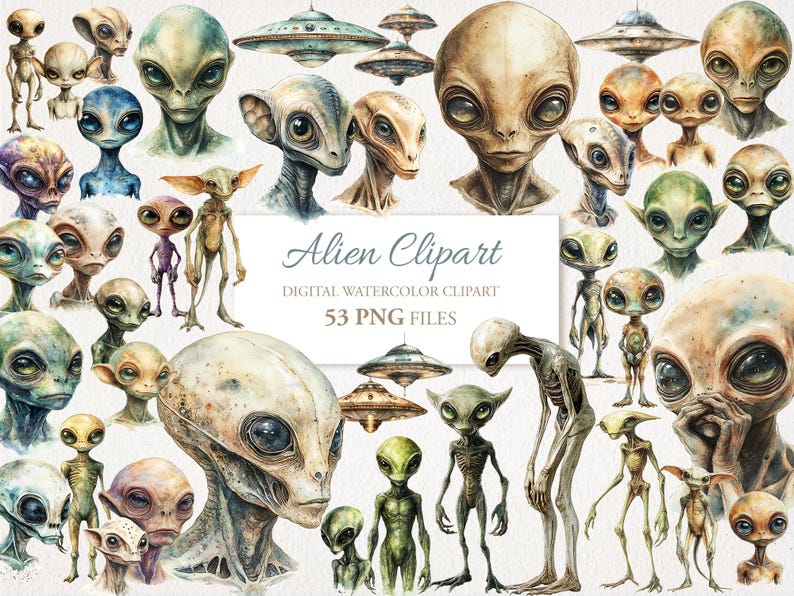 Alien UFO Fantasy Watercolor Clipart Bundle. for Junk Journal Scrapbook ...