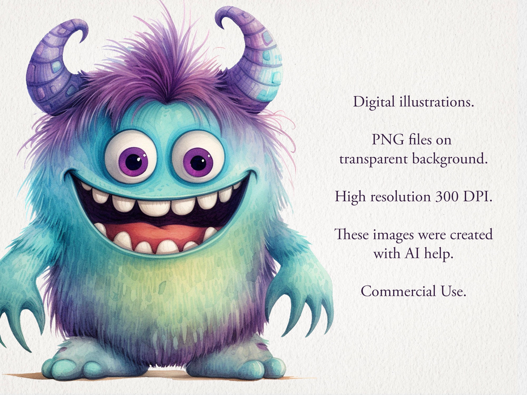 Cute Colorful Baby Monster Watercolor Clipart PNG Bundle. Children ...
