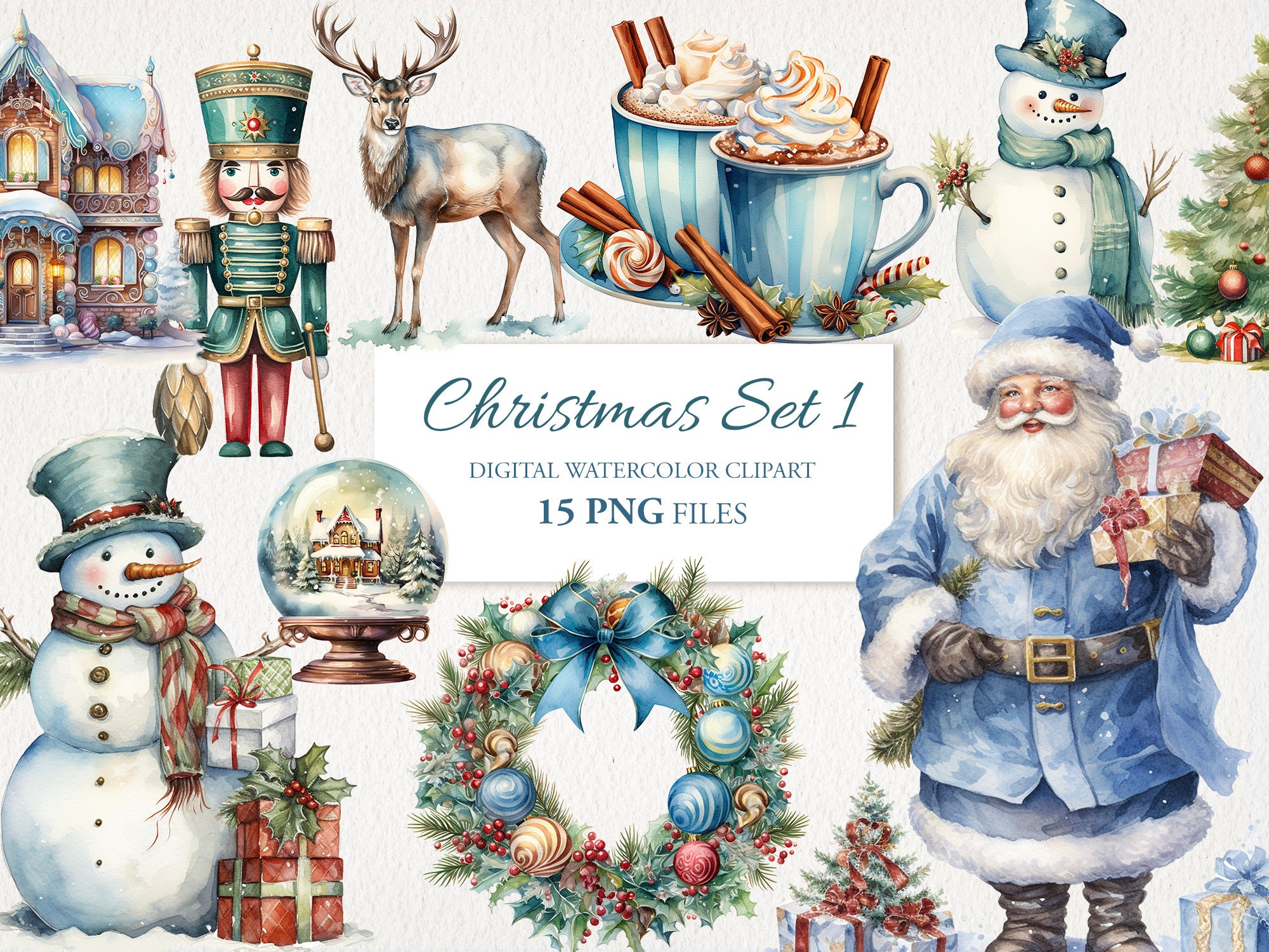Christmas Set1 Winter Watercolor Clipart PNG Bundle. AI Illustration ...