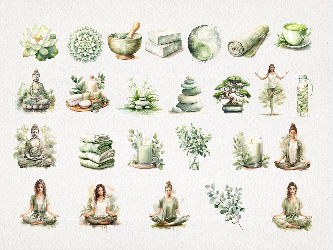 Green Relax Watercolor Clipart PNG Bundle. Yoga,meditation. AI ...