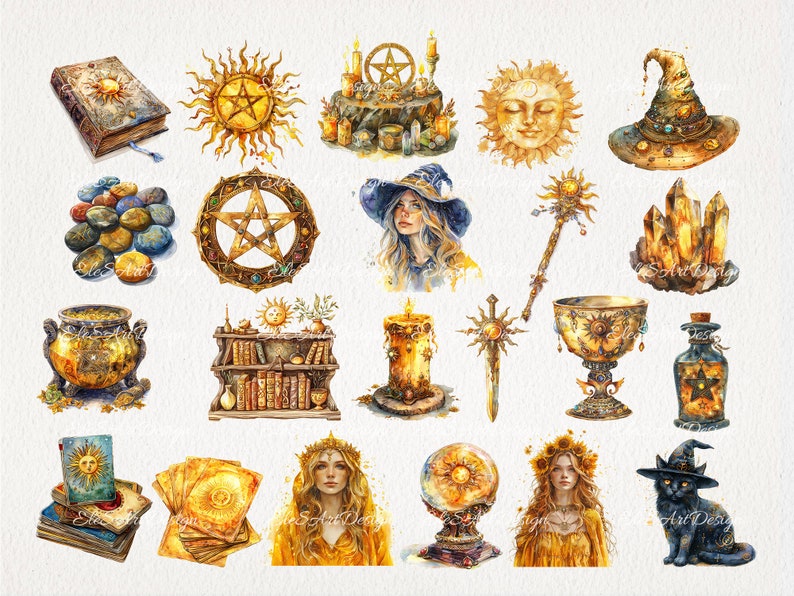 Solar Witch Sun Witchcraft Watercolor Wiccan Clipart PNG Bundle. AI ...