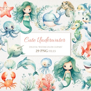 Cute Undersea Watercolor Clipart PNG Bundle. Children Nursery Art. AI ...