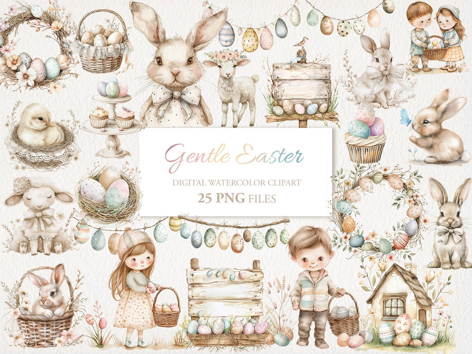 Gentle Pastel Easter Watercolor Clipart PNG Bundle. AI Illustration ...