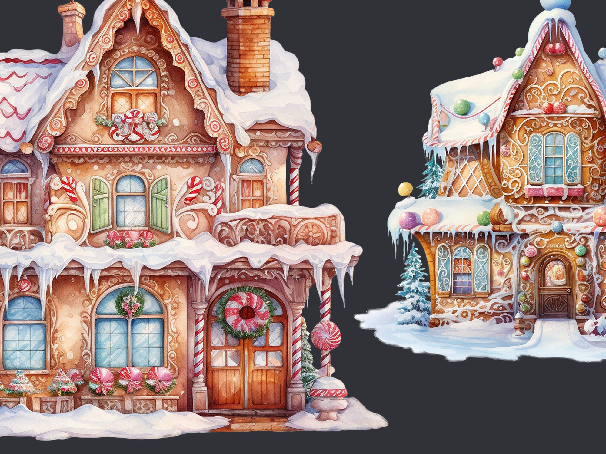 Christmas Winter Gingerbread Houses Watercolor Clipart PNG Bundle. AI ...