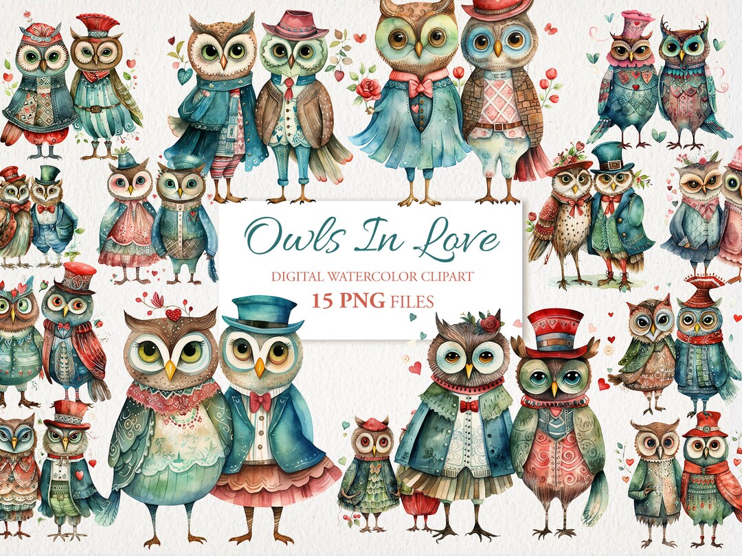 Owls in Love Cartoon Watercolor Clipart PNG Bundle. Birds. AI ...