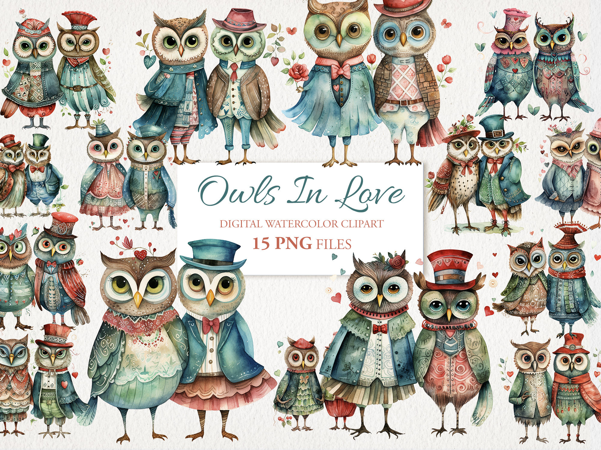 Owls in Love Cartoon Watercolor Clipart PNG Bundle. Birds. AI ...