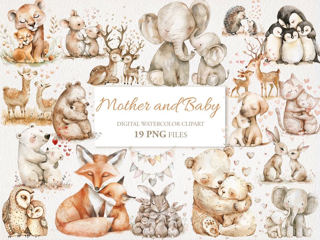 Mother and Baby Animals Watercolor Clipart PNG Bundle. Child Nursery ...