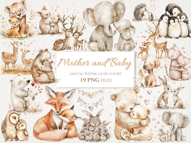 Mother and Baby Animals Watercolor Clipart PNG Bundle. Child Nursery ...
