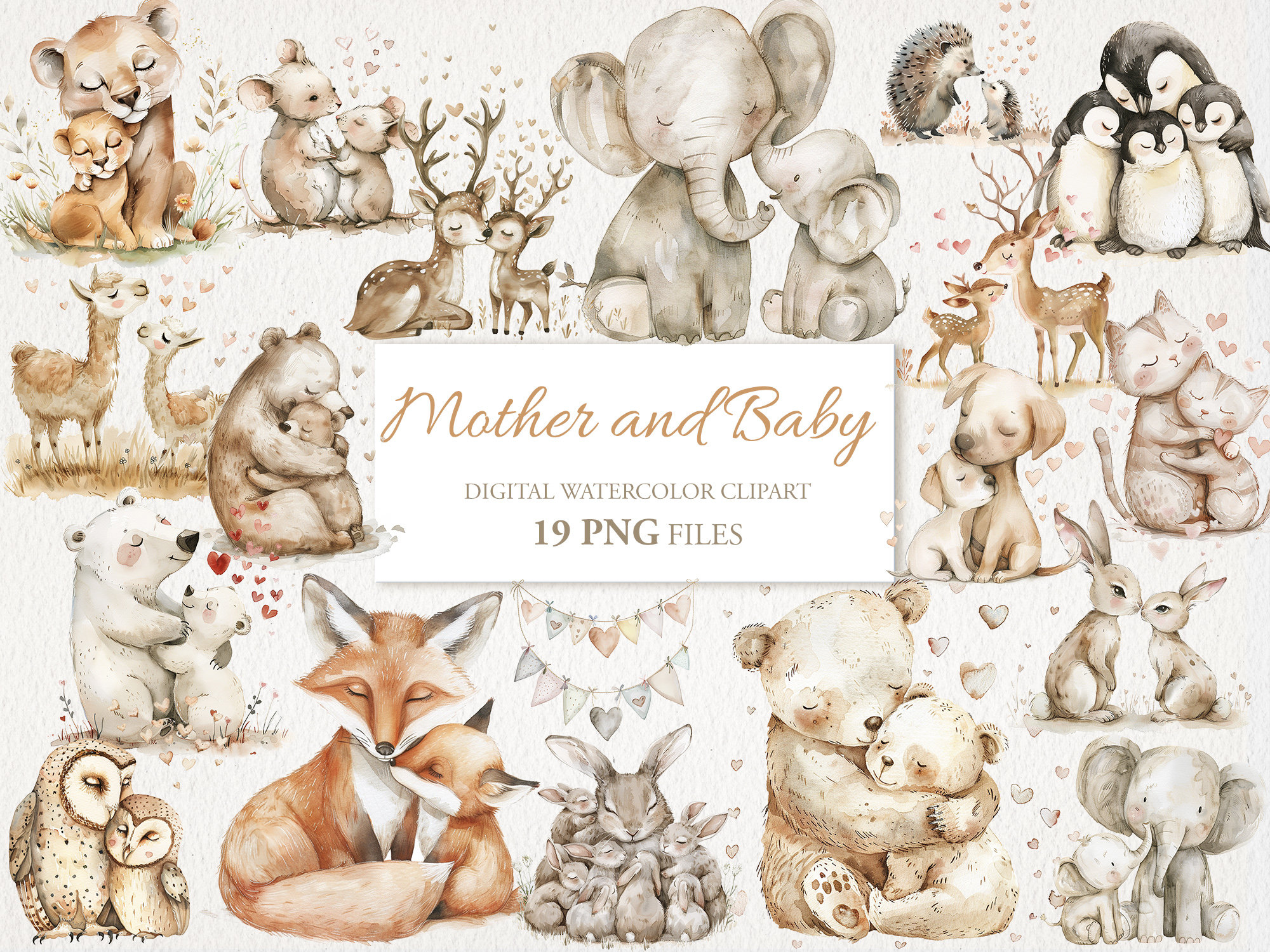 Mother and Baby Animals Watercolor Clipart PNG Bundle. Child Nursery ...