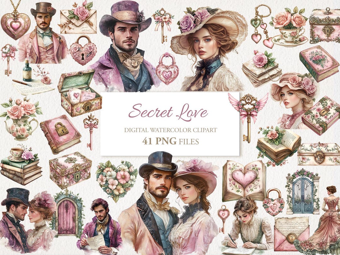 Secret Love Vintage Victorian Watercolor Clipart Bundle. Romantic ...